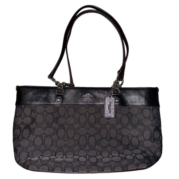 Coach | Bags | Coach Signature Print Handbag Purse Black Gray Burgundy ...
